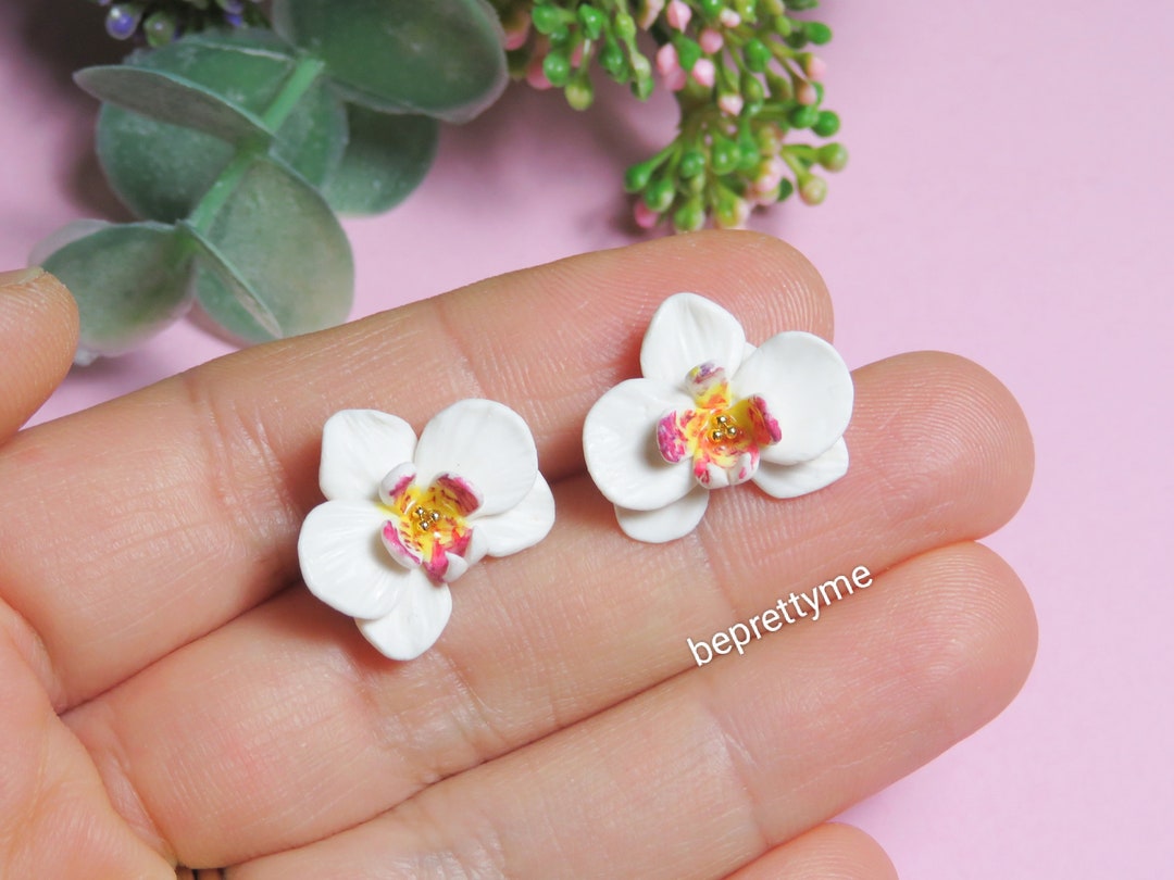 White Orchid Flower Stud Earrings. Orchid Studs. Plant Jewellery.polymer Clay Jewelry. Beautiful ...
