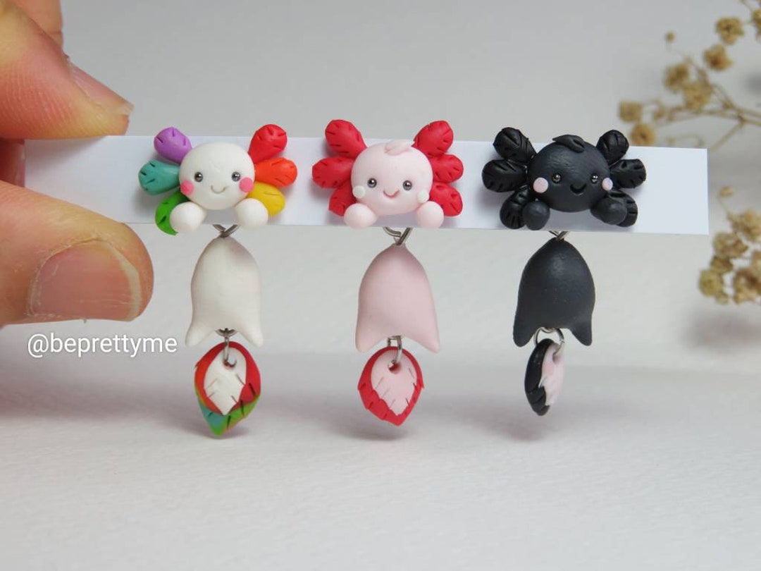 Axolotl Stud/ 2 Pieces Earrings. Red, Black & Rainbow Axolotl. Polymer ...