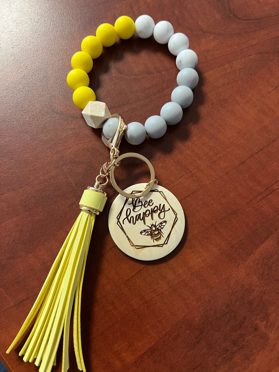Bee Happy Wristlet Keychain, Honey Bee Key Fob, Silicone Beaded Bangle ...