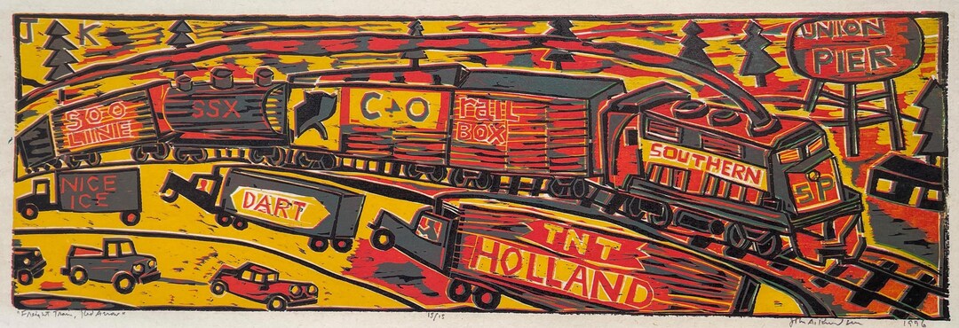Freight Train Red Arrow, 1996, Woodcut, 13/13, Editioned and Signed by ...