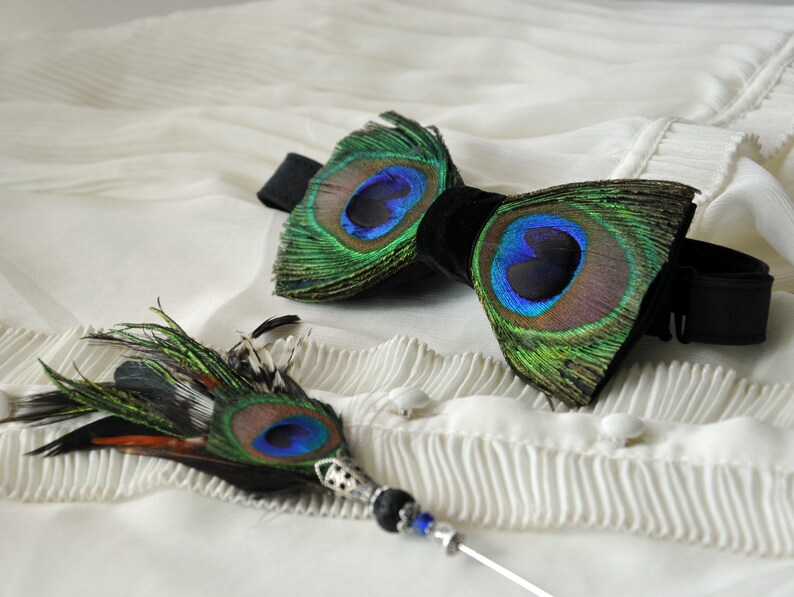 Black Bow Tie With Peacock Feathers And Rooster Feathers Etsy