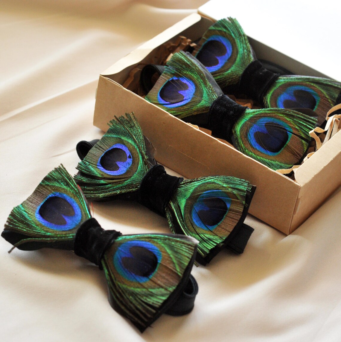 Black Bow Tie With Peacock Feathers And Rooster Feathers Etsy