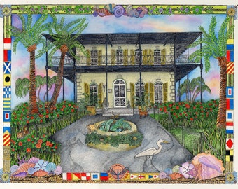 Key West Wall Art of Hemingway Home & Museum Watercolor Print Coastal ...