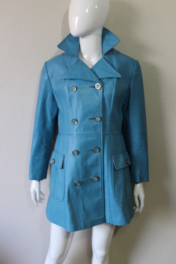 Vintage 1960 70s MOD Squad Blue Leather Spy Coat Cali… - Gem