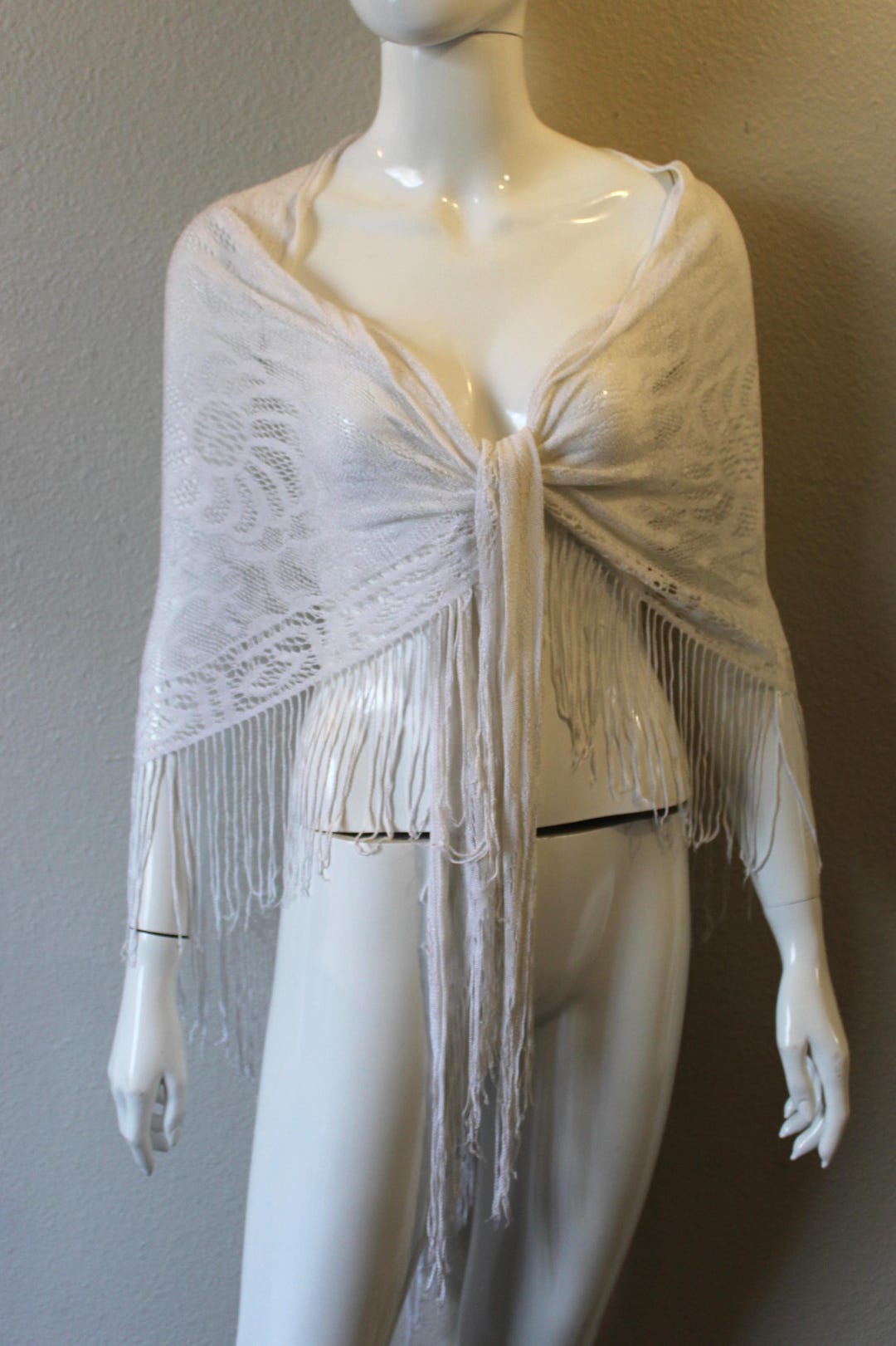 Vintage 1970s White Fringe Shawl Grandma Cottagecore Boho Wrap Stole ...