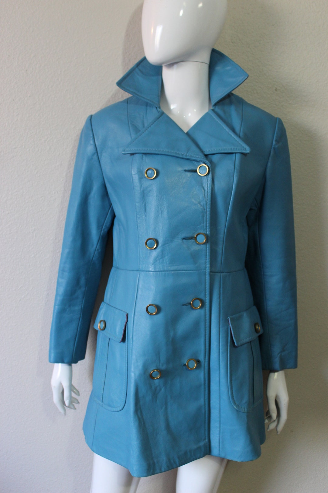 Vintage 1960 70s MOD Squad Blue Leather Spy Coat California IMPERIAL ...