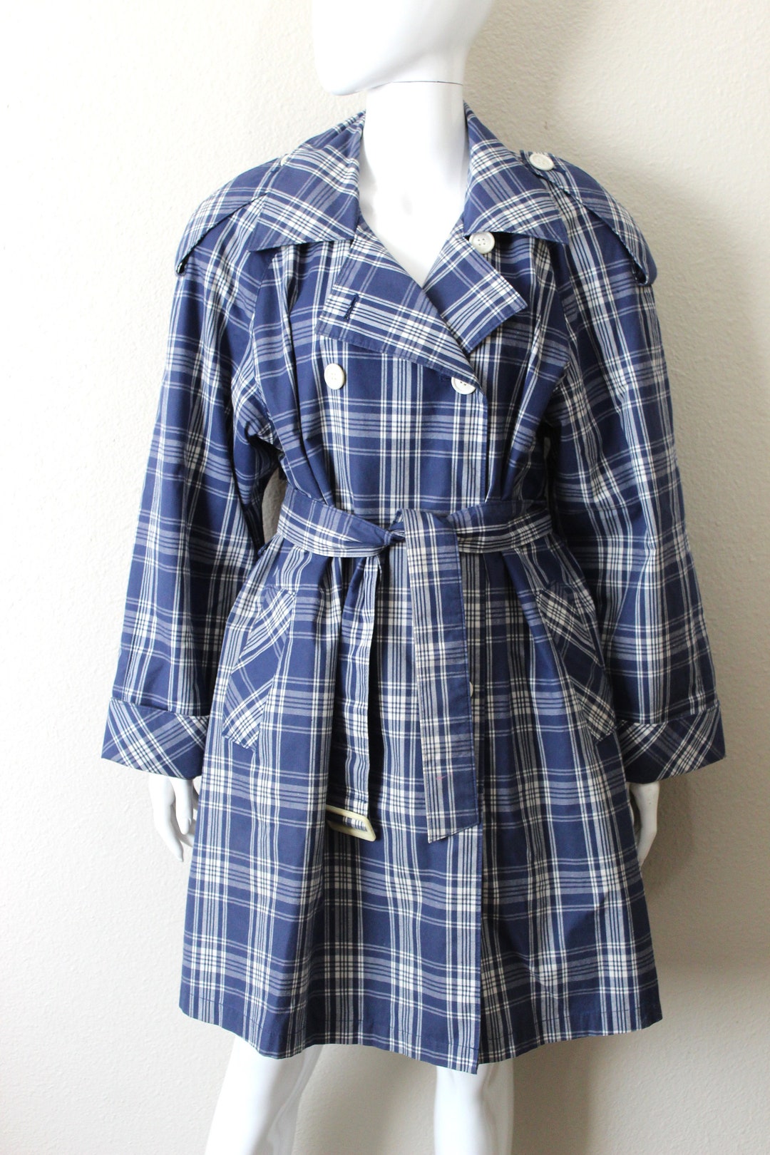 Vintage 60s 70s London Fog Blue White Plaid Coat Belted Trench Coat All ...