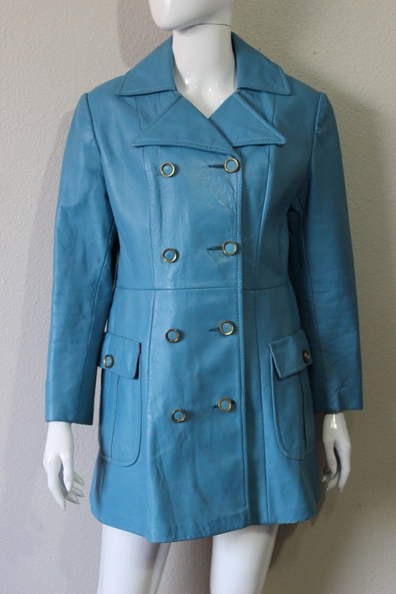 Vintage 1960 70s MOD Squad Blue Leather Spy Coat Cali… - Gem
