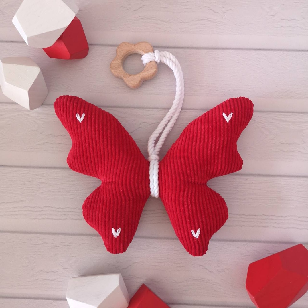 Velvet Butterfly Toy With Teether Wooden Ring, Baby Nordic Gym - Etsy
