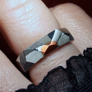 Three-colored Amazing Wedding Ring. Raw Unique Texture. Silver and ...