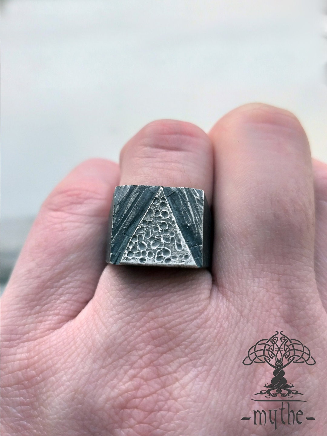 Hand Carved Triangle Signet Ring, Dark Oxidized Silver - Etsy
