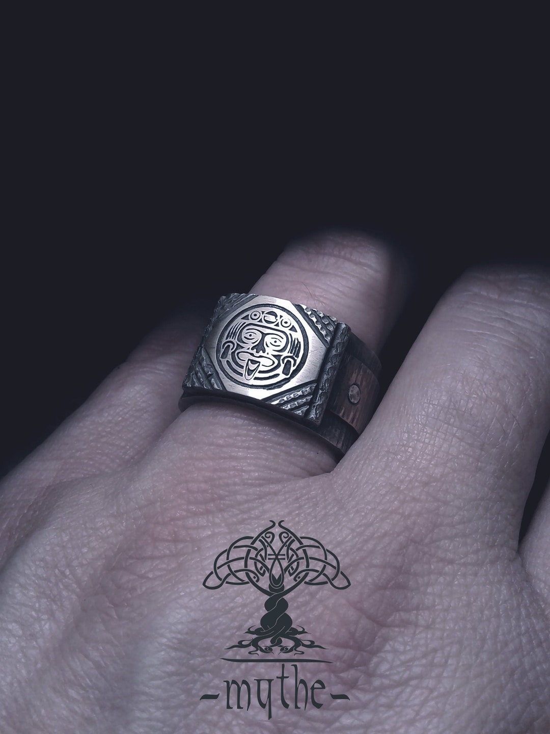 Oxidized Sterling Silver Aztec Sun God Ring, Wide Copper Band - Etsy