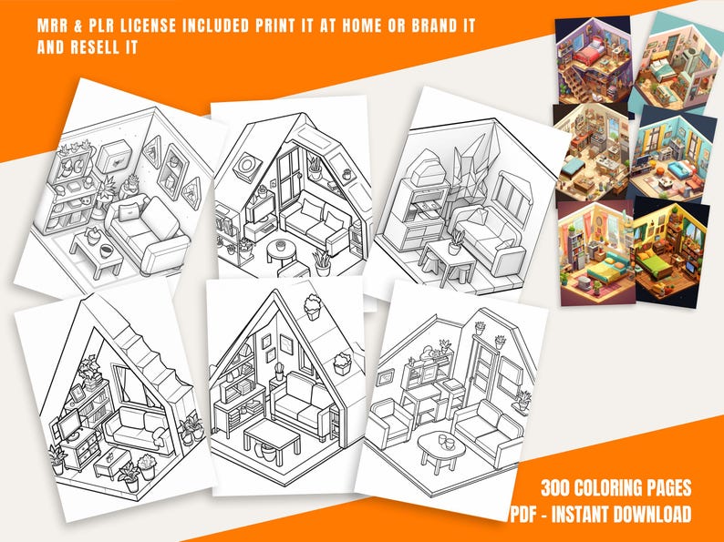 Isometric Room Coloring Book, Cozy Interiors, 300 Pages (digital ...