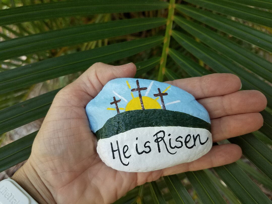 He is Risen Easter Painted Rock, Basket Gift Filler, Calvary Stone ...