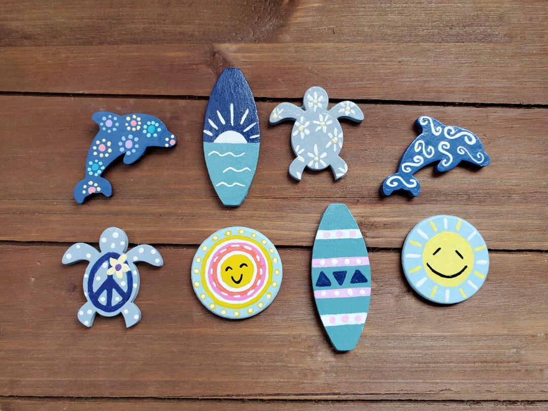 Sun and Surf Hand-painted Wood Magnets (set of 8), Turtle Dolphin Ocean ...