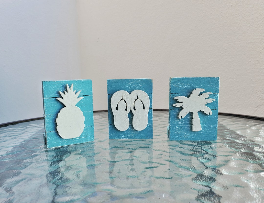 Tropical Beach Icons Wood Miniature Signs (set of 3), Rustic Coastal ...