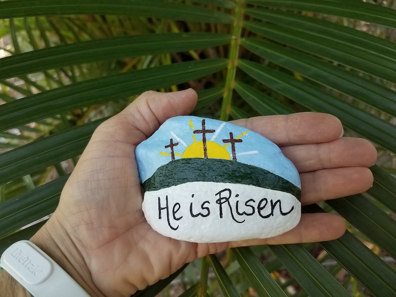 He is Risen Easter Painted Rock, Basket Gift Filler, Calvary Stone ...