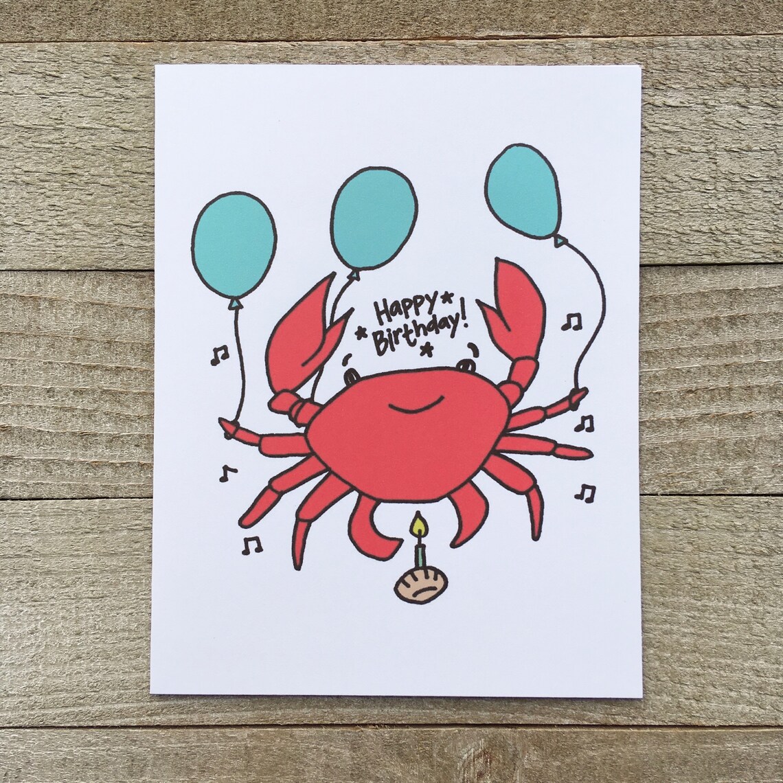 Crab Birthday Card, Hand Drawn Blank Greeting Card, Cute Unique Bday ...