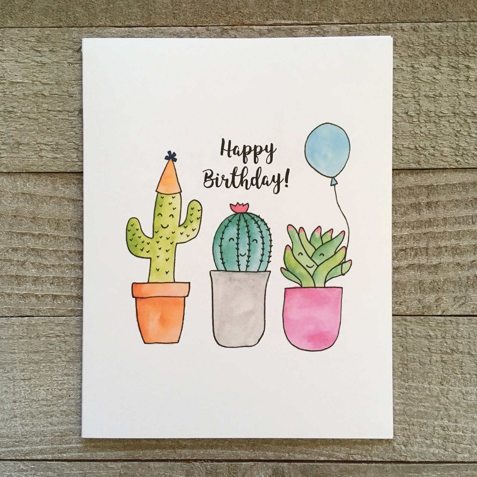 Birthday Greeting Card, Watercolor Cactus, Hand Painted Card, Succulent ...