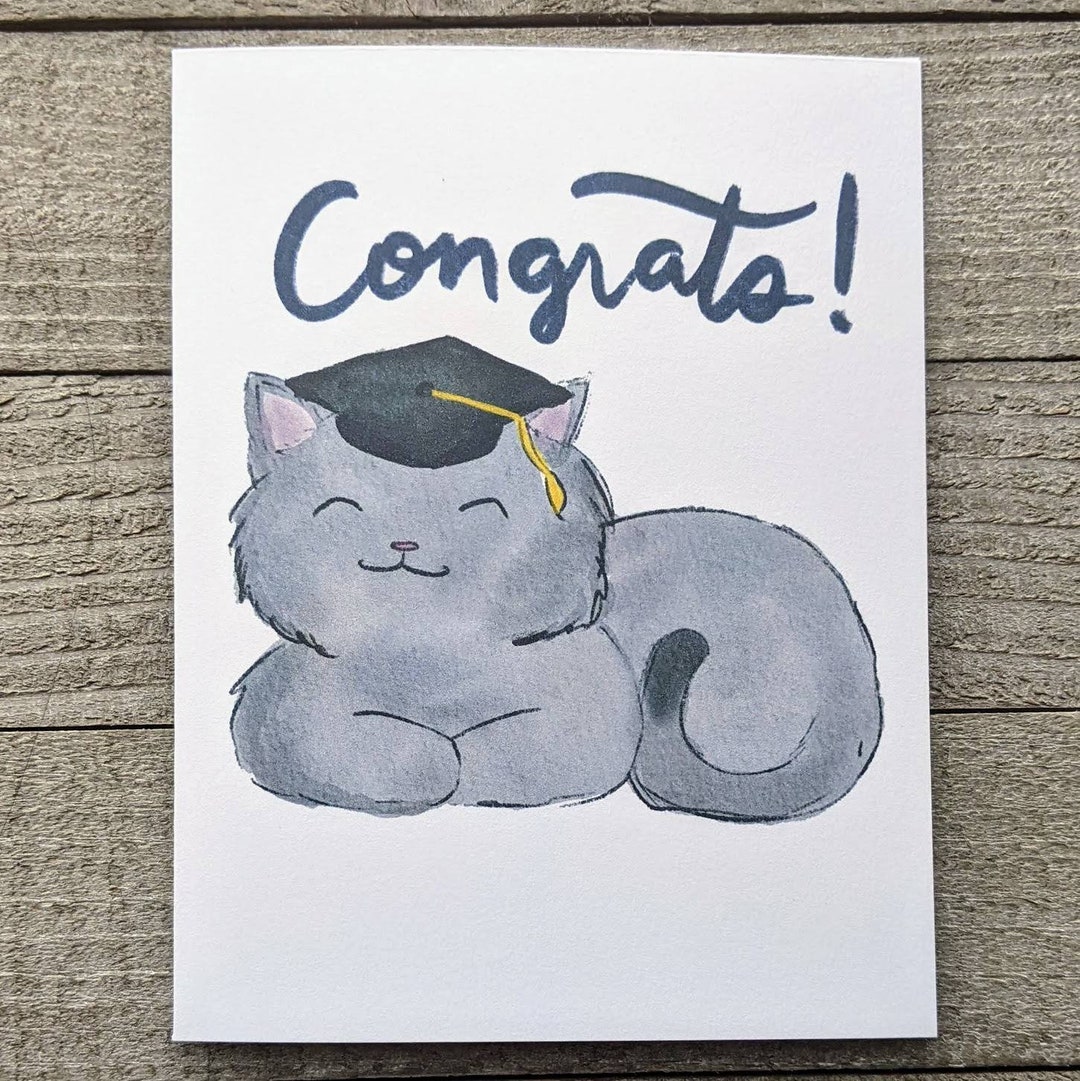 Gray Cat Graduation Card, Congrats, Congratulations, Fluffy Kitty ...