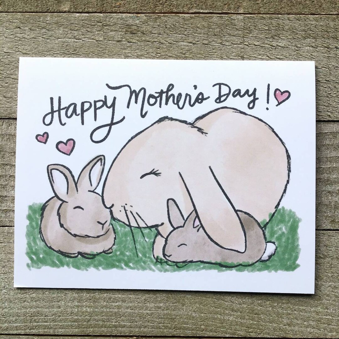 Rabbit Mother of Two Baby Bunnies, Mother's Day Card, Unique Hand Drawn ...