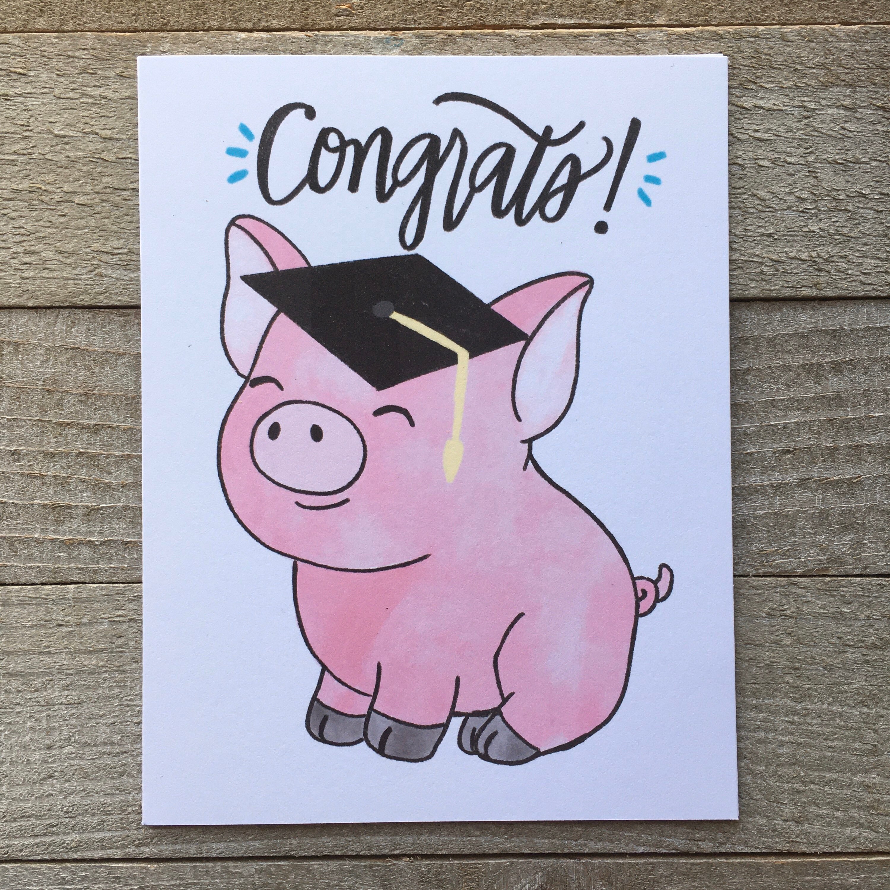 Pig Graduation Card Watercolor Hand Lettering Modern - Etsy