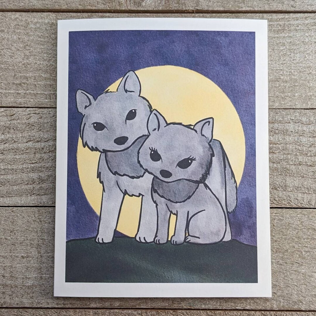 Two Wolves in Love by a Full Moon, Anniversary Card, Wedding Card, Love ...