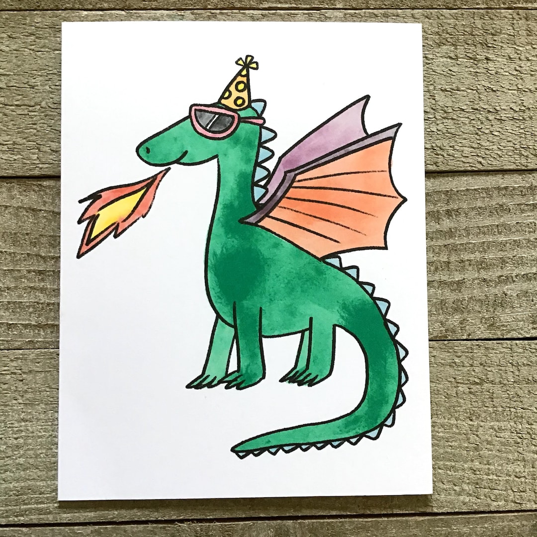 Dragon Birthday Card, Hand Drawn, Watercolor, Digital Drawing, Pencil ...