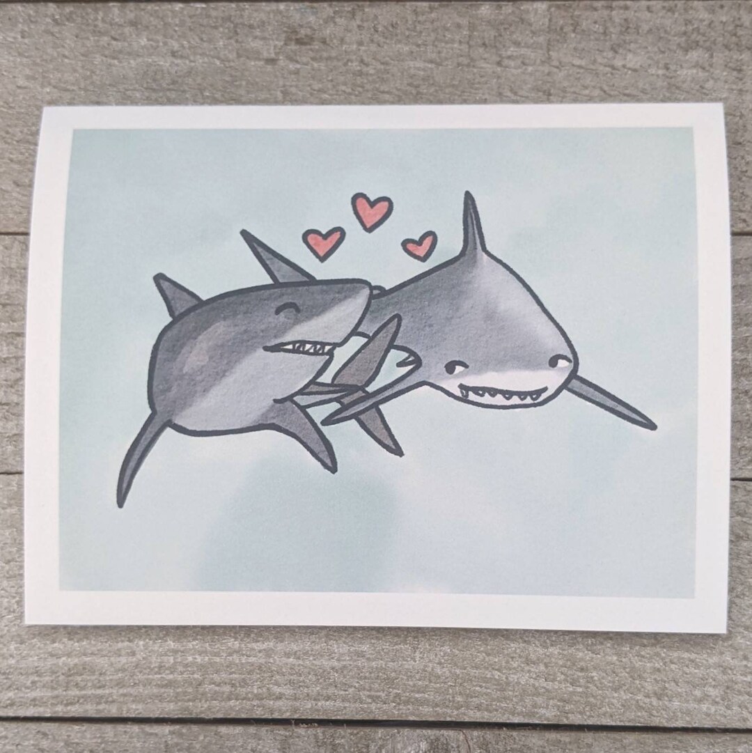 Shark Couple in Love, Blank Inside Greeting Card, Watercolor, Ocean ...