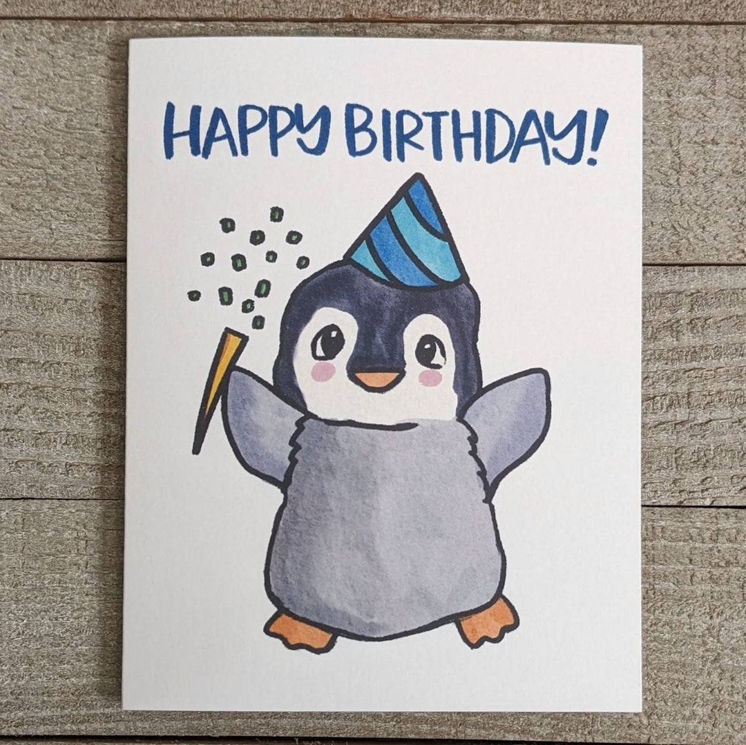 Happy Birthday Penguin Greeting Card, Blank Inside, Water Color Penguin ...