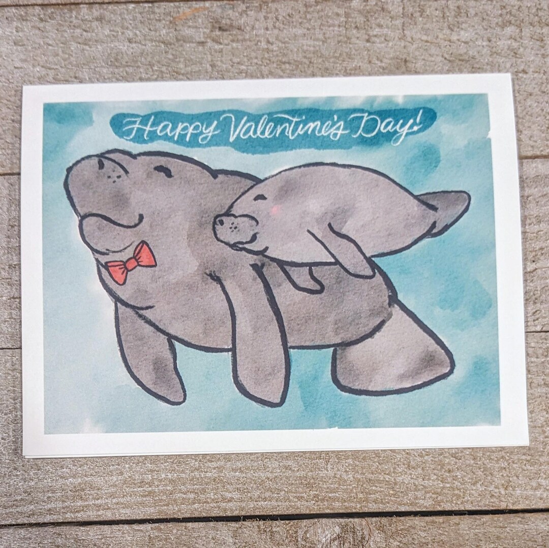 Manatee Couple in Love, Blank Inside Greeting Card, Watercolor, Ocean ...