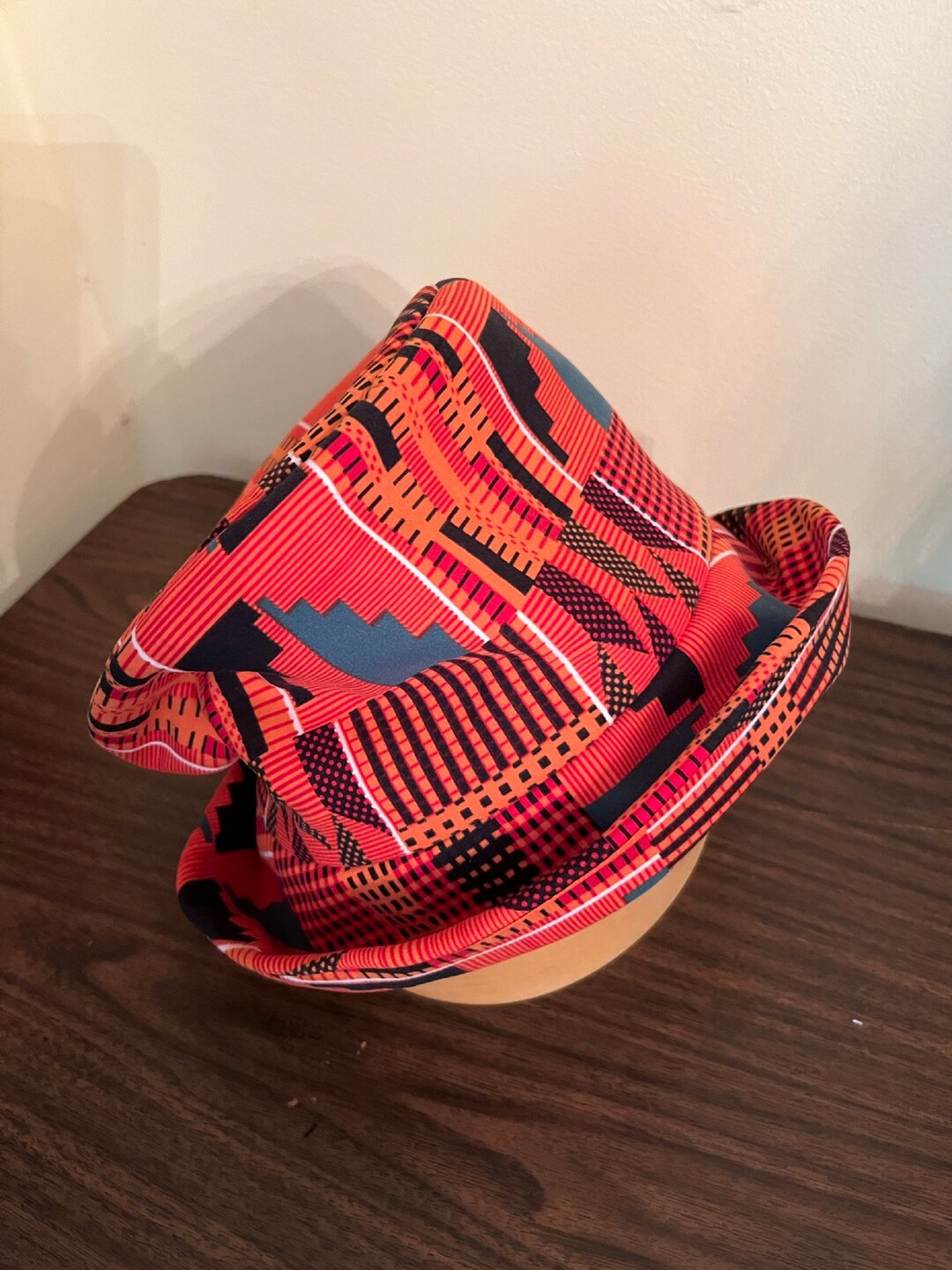 Top Hat, Orange Mud Cloth Print Hat, Stretch Knit Hat, Mini Top Hat ...