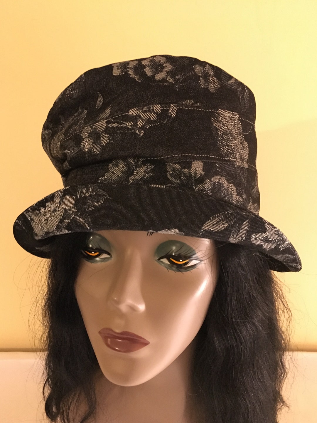 Denim Medium Brim Hat, Women's Denim Hat, Black and Silver Grey Hat ...
