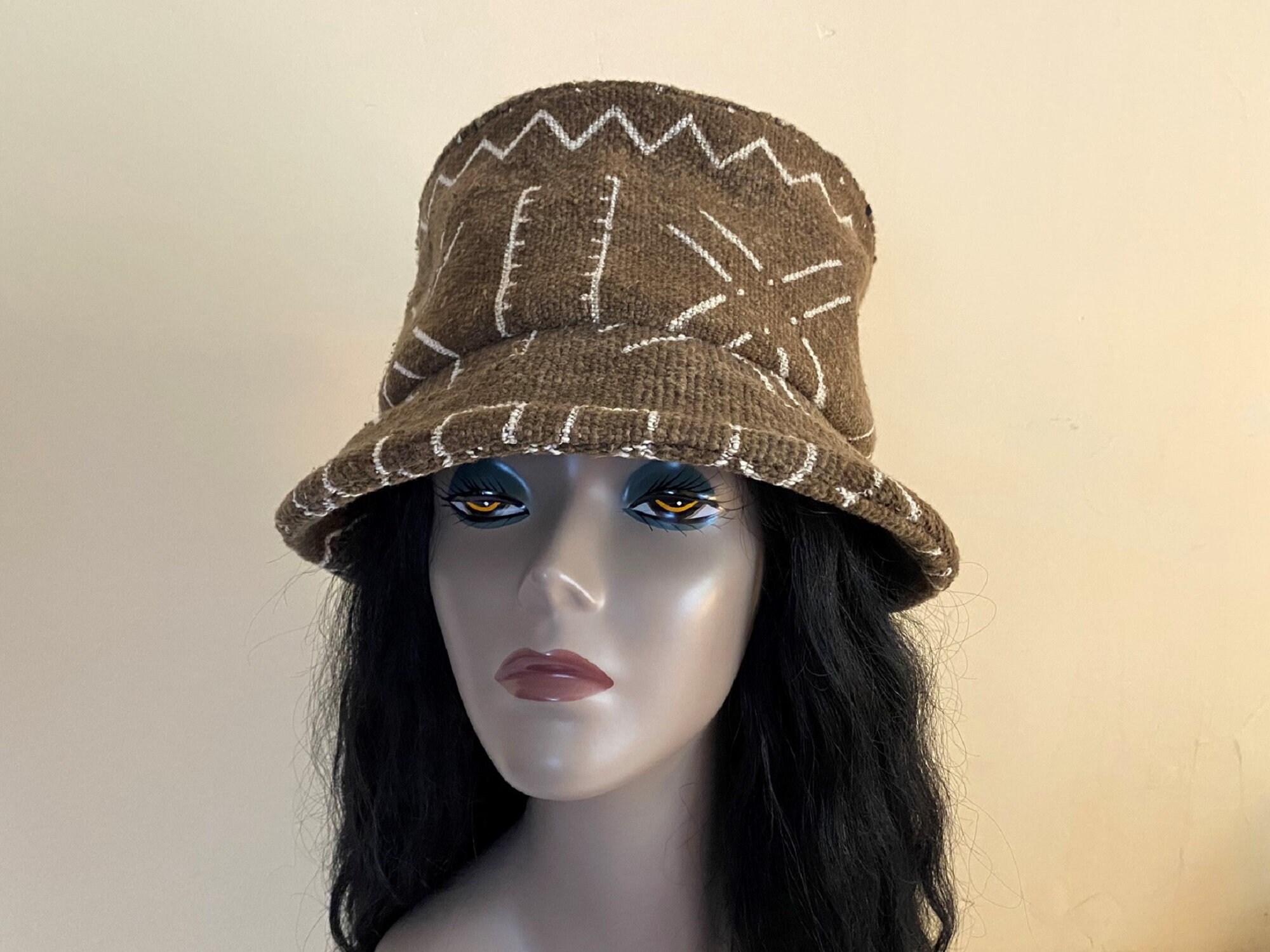 Women's Mud Cloth Hat, Brown Medium Brim Cloche, Handmade Hat, Mudcloth ...