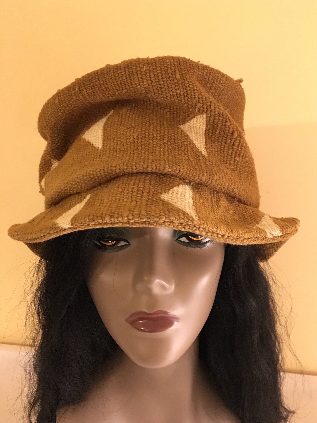 Women's Mud Cloth Hat, Mustard Medium Brim Cloche, Handmade Hat ...