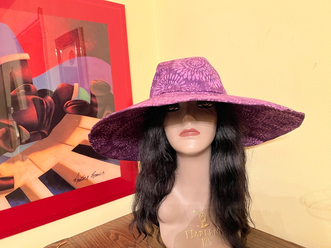 Women's Purple Batik Print Hat, Purple Extra-wide Brim Sun Hat ...