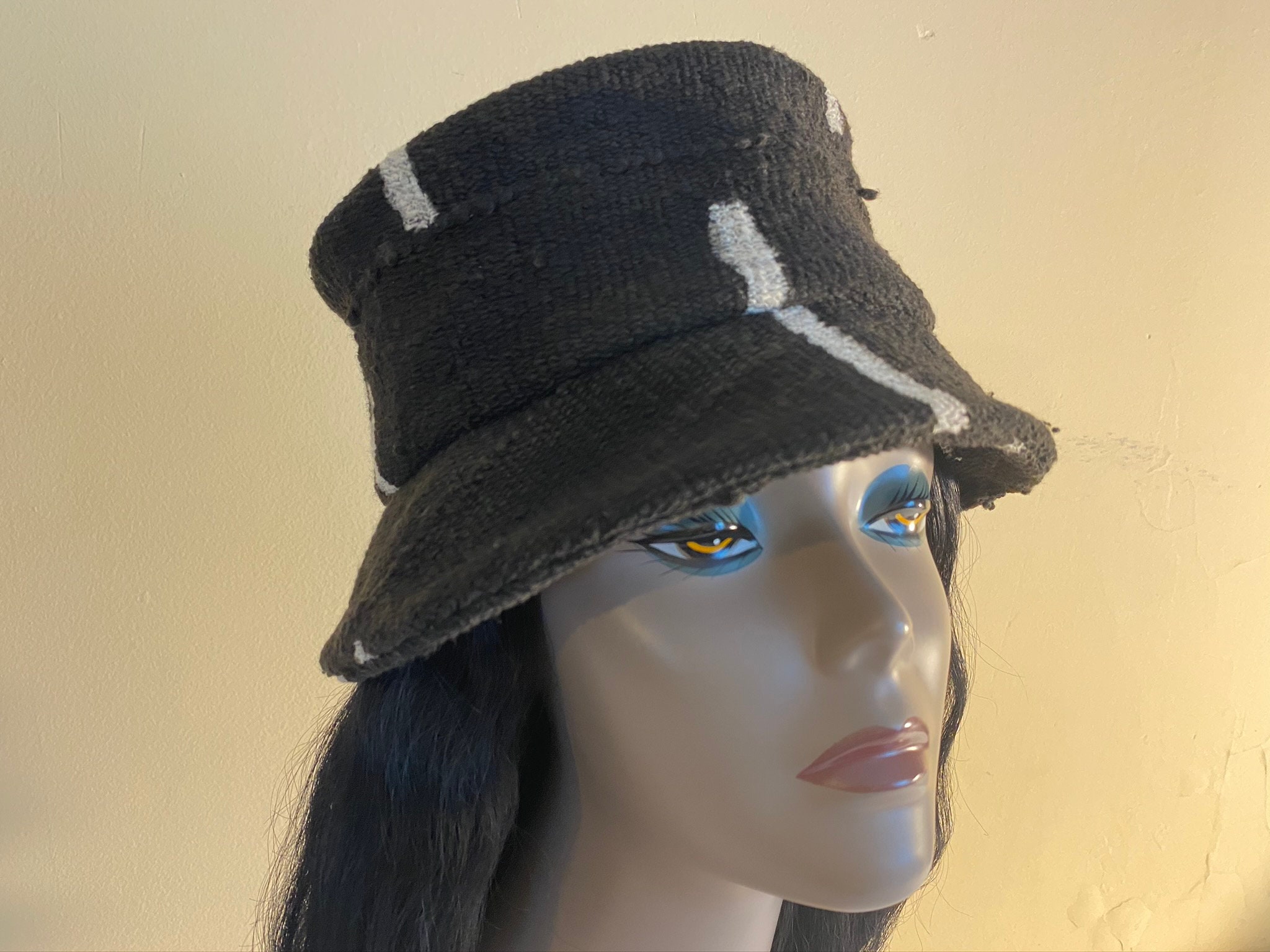 Women's Mud Cloth Hat, Black Medium Brim Cloche, Handmade Hat, Mudcloth ...