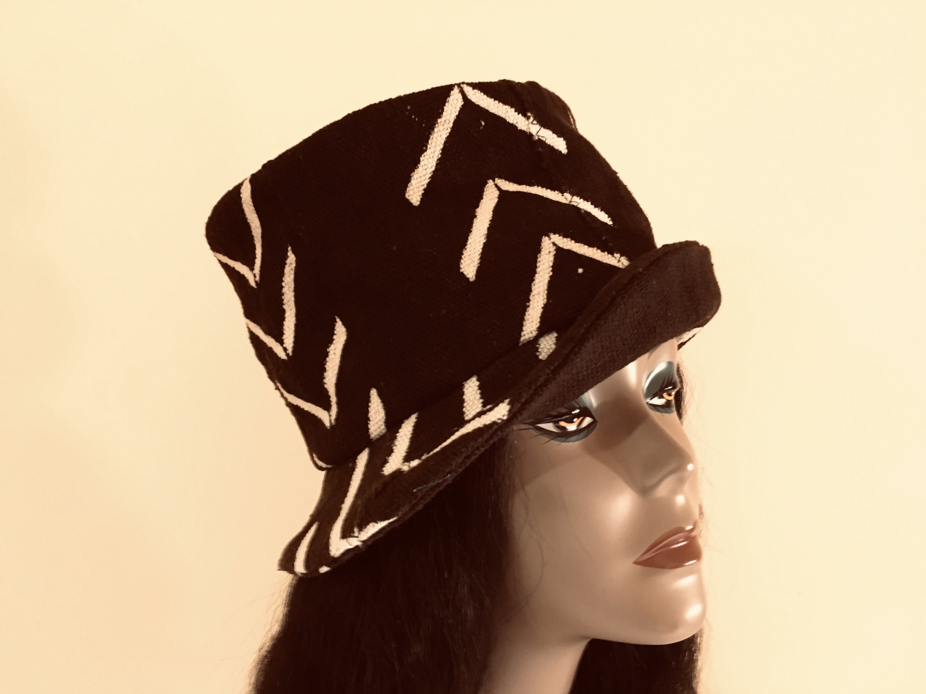 Women's Mud Cloth Hat Black Medium Brim Cloche Handmade - Etsy