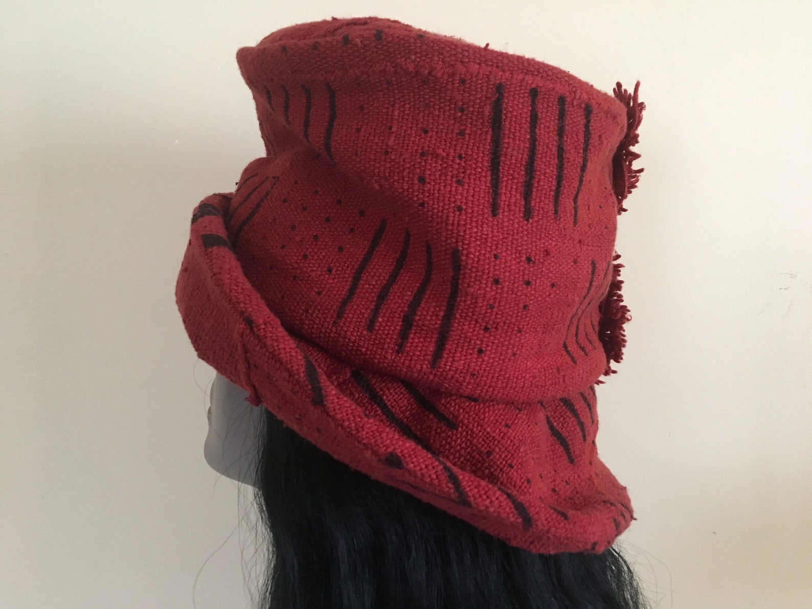 Women's or Men's Mud Cloth Hat, Red and Black Wide Brim Cloche ...