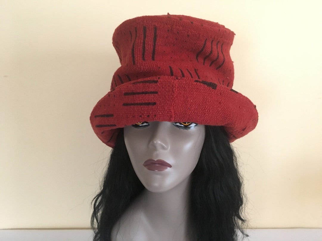 Women's or Men's Mud Cloth Hat, Red and Black Wide Brim Cloche ...