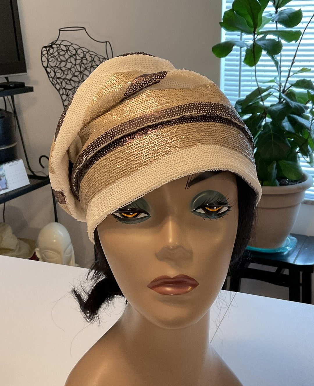 Women's Striped Sequin Flapper Hat, Brown White Taupe Sequin Hat ...