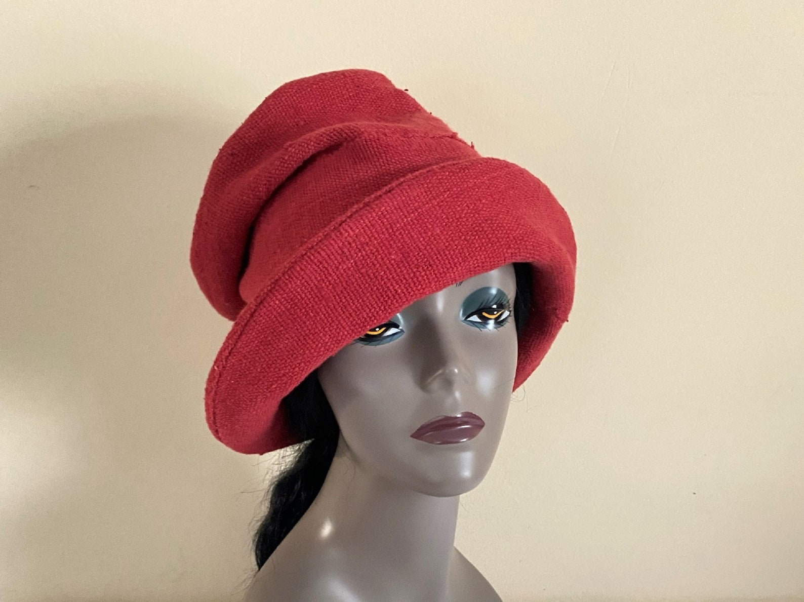 Women's Mud Cloth Hat, Red Wide Brim Cloche, Handmade Hat, Mud Cloth ...