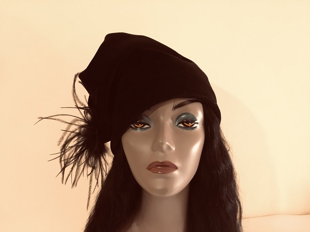 Women's Black Velour Vintage Style Turban Beret, Luxurious Turban Beret ...