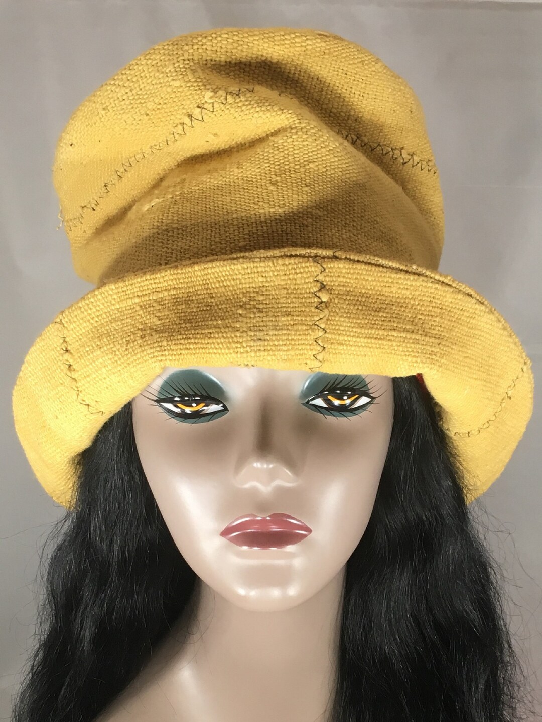 Women's Mud Cloth Hat, Mustard Yellow Wide Brim Cloche, Handmade Hat ...