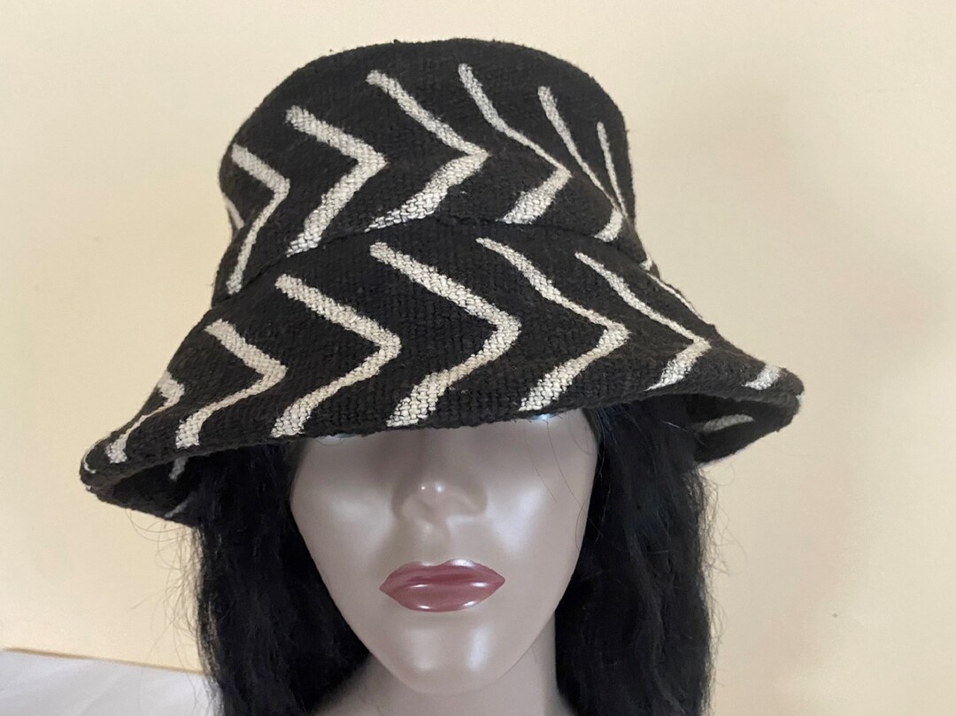 Women's Mud Cloth Hat, Black Large Brim Cloche, Handmade Hat, Mudcloth ...