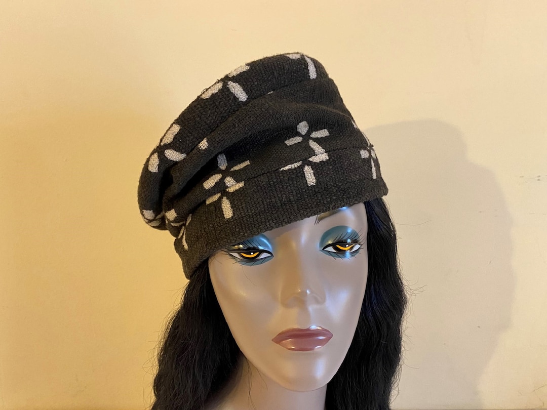 Women's Mud Cloth Hat, Black and White Brimless Cloche, Handmade Hat ...