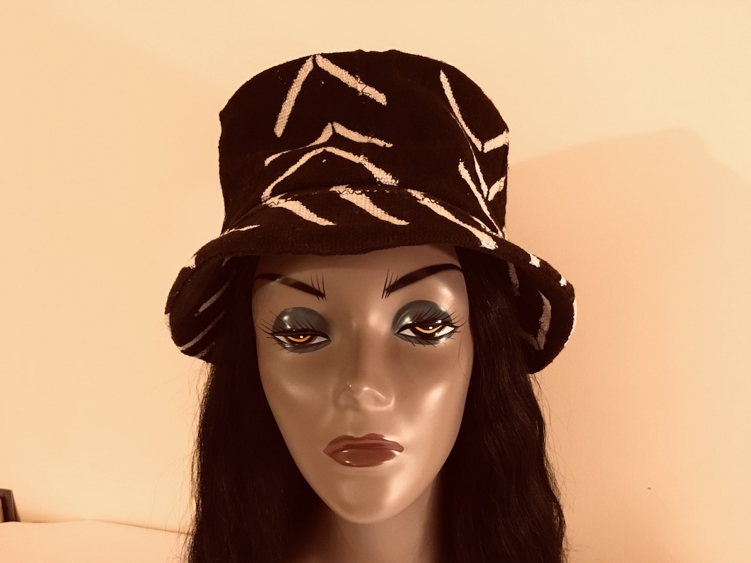 Women's Mud Cloth Hat, Black Medium Brim Cloche, Handmade Hat, Mudcloth ...