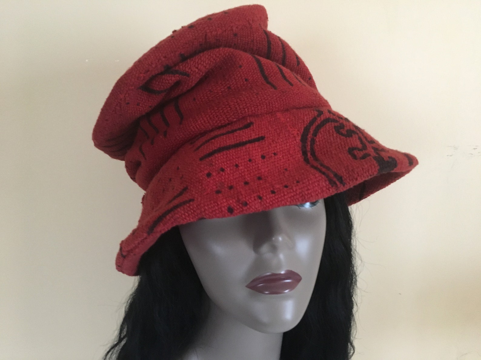 Women's or Men's Mud Cloth Hat, Red and Black Wide Brim Cloche ...