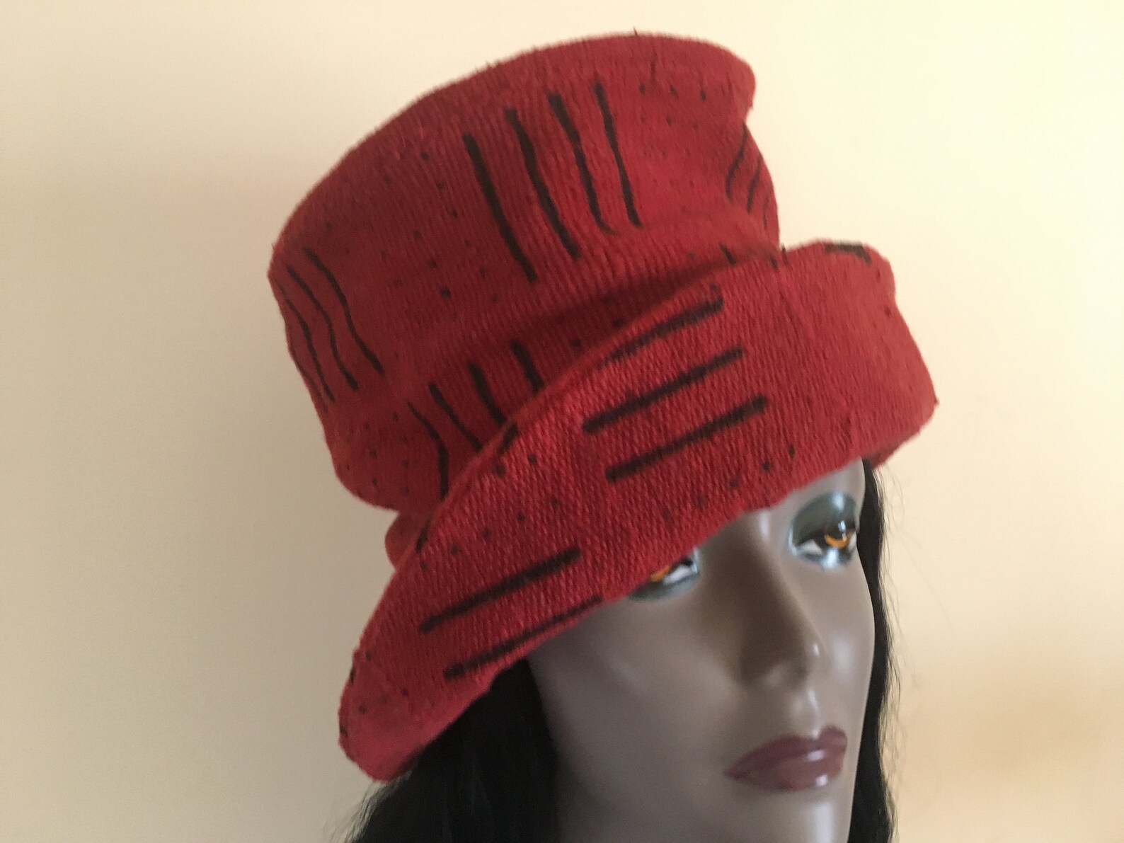 Women's or Men's Mud Cloth Hat, Red and Black Wide Brim Cloche ...
