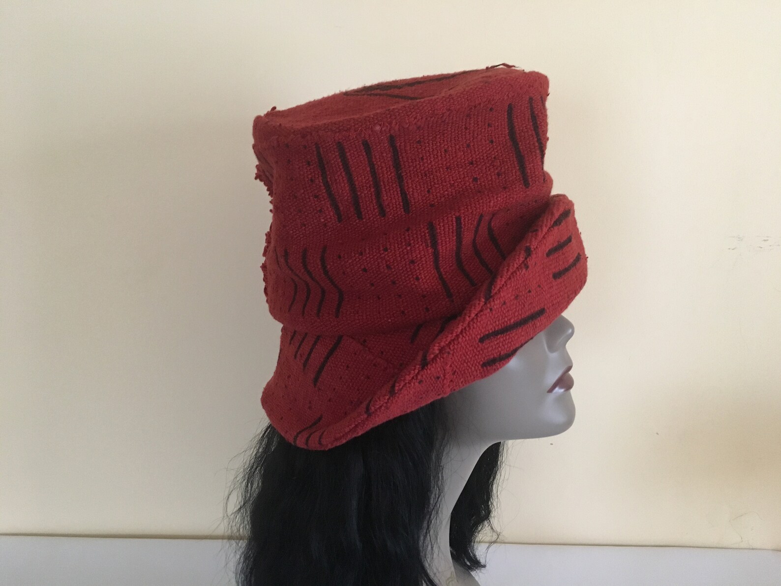 Women's or Men's Mud Cloth Hat, Red and Black Wide Brim Cloche ...